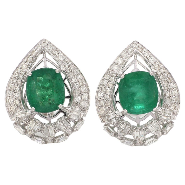 Cushion Natural Emerald Gemstone Fine Stud Earrings Diamond 18 Karat ...