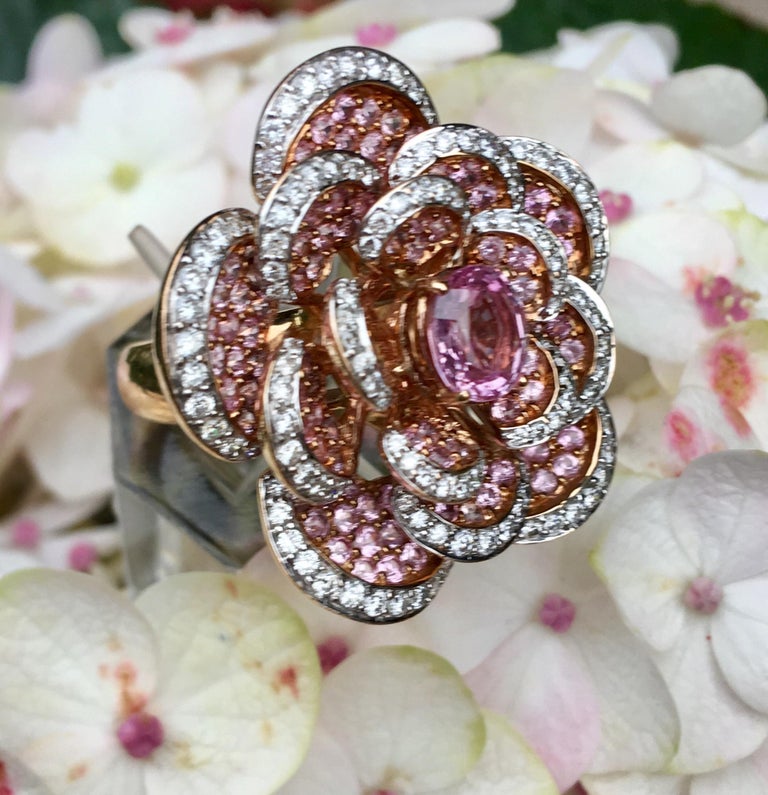 Custom 5.81 Carat Pink Sapphire and Diamond Flower Ring in 18 Karat ...