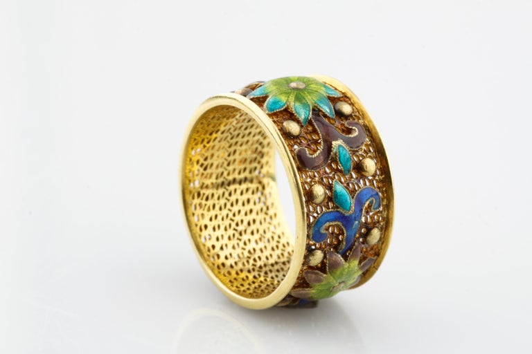 Custom Band Ring with Multi-Color Enamel Flowers in 14 Karat Yellow ...