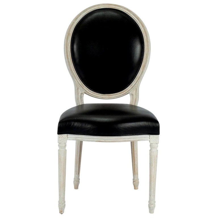 Custom Black Leather Louis XVI Oval Back Chair For Sale at 1stDibs