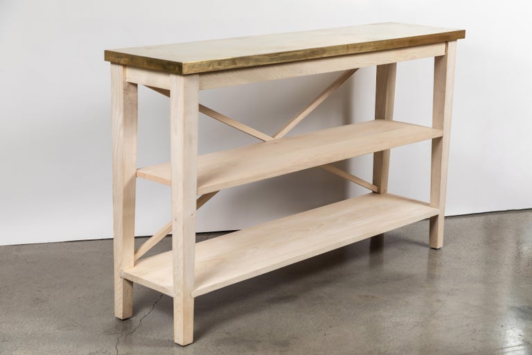 Custom Bleached Beechwood 3-Tier Console Table with Aged Brass Top at ...