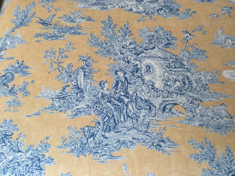 Custom Blue and Yellow Toile Upholstered Sofa For Sale at 1stDibs