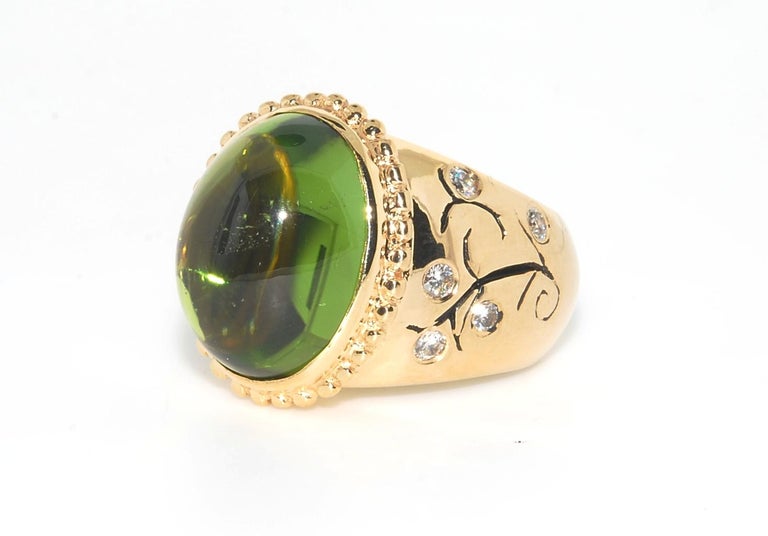 Custom Cabochon Peridot Ring in 14 Karat Yellow Gold and Diamonds For ...