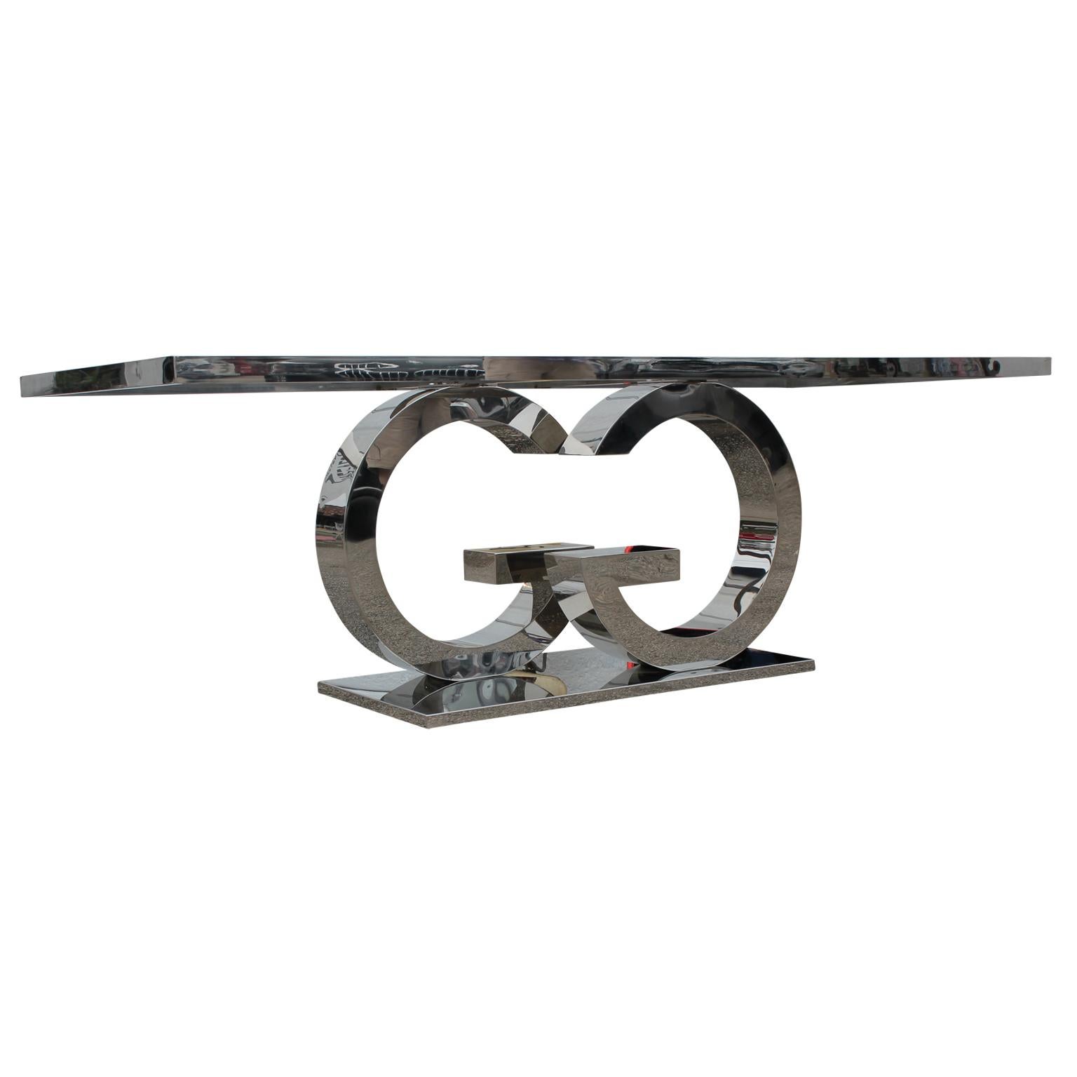 Custom Chrome GG Dining Table Inspired by Gucci with Glass Top For Sale ...