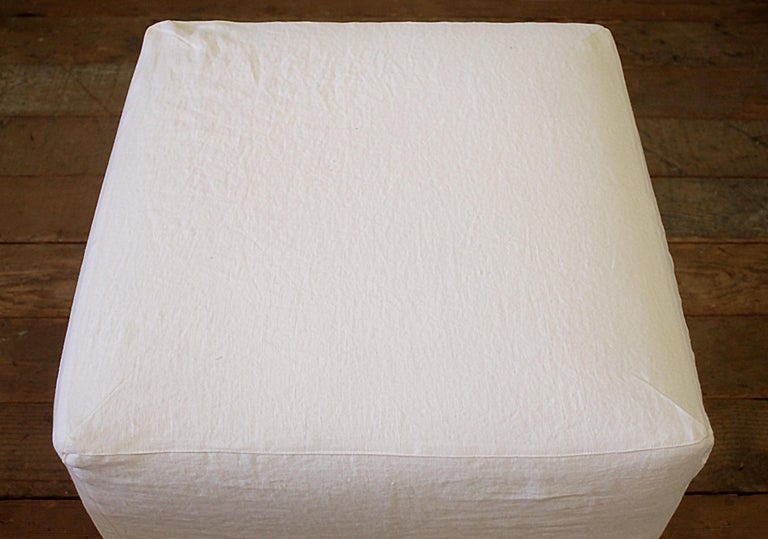 Custom Cube Ottoman Slip Covered in White Belgian Linen with Hand ...