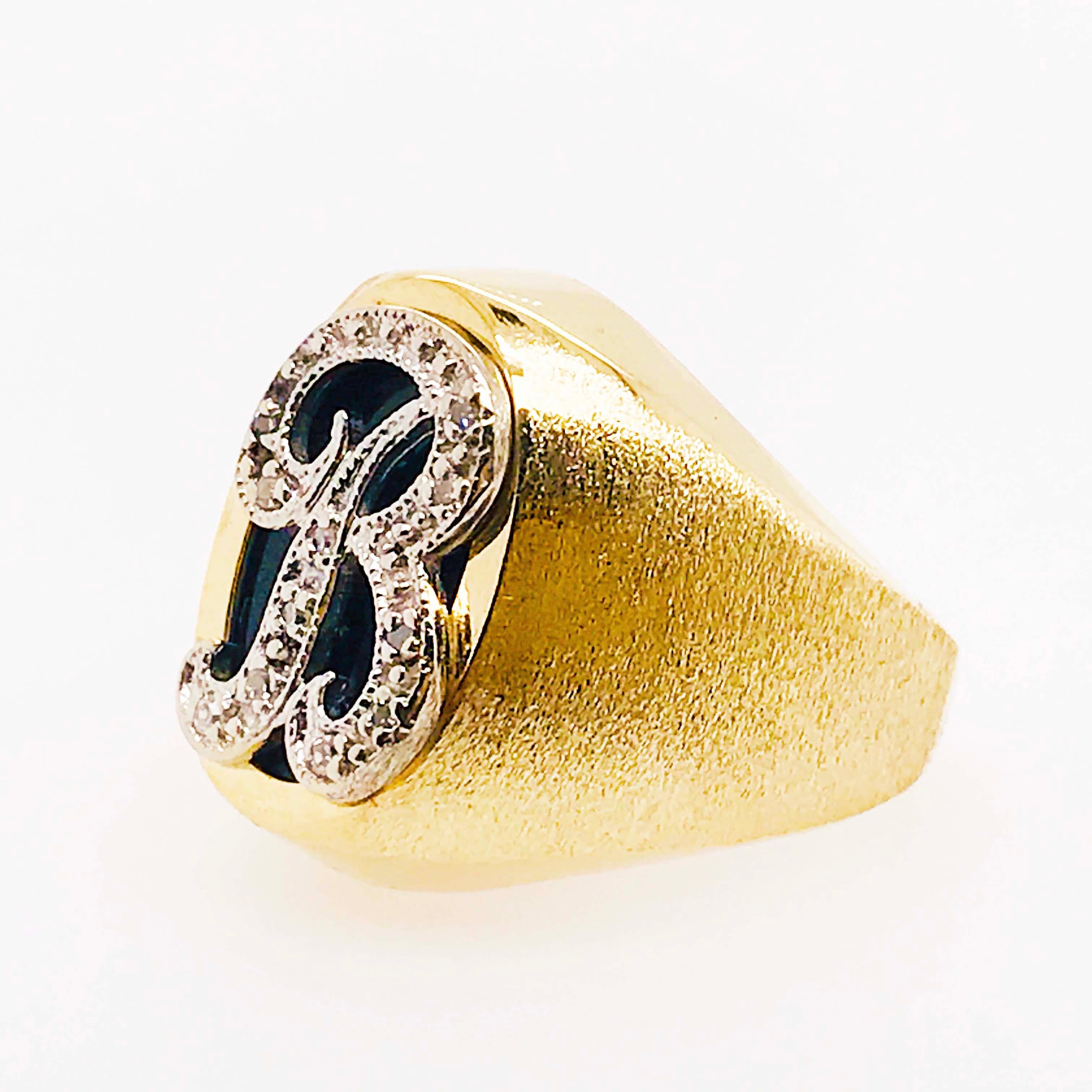Initia Diamond "B" Signet Ring was Custom-Made w Satin in 14 KT Yellow ...