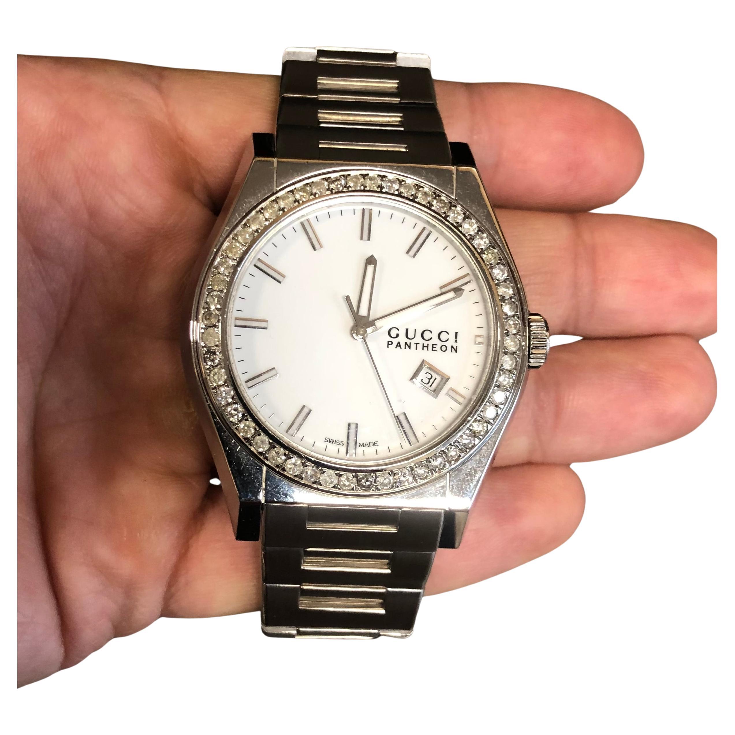 Gucci Pantheon White Sticks Dial Tonneau Steel Quartz Men's Watch ...