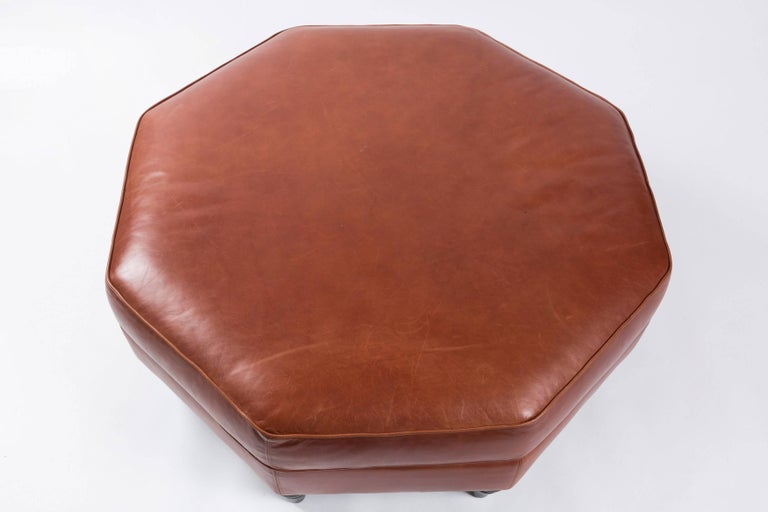 Large Octagonal Cognac Leather Ottoman For Sale at 1stDibs