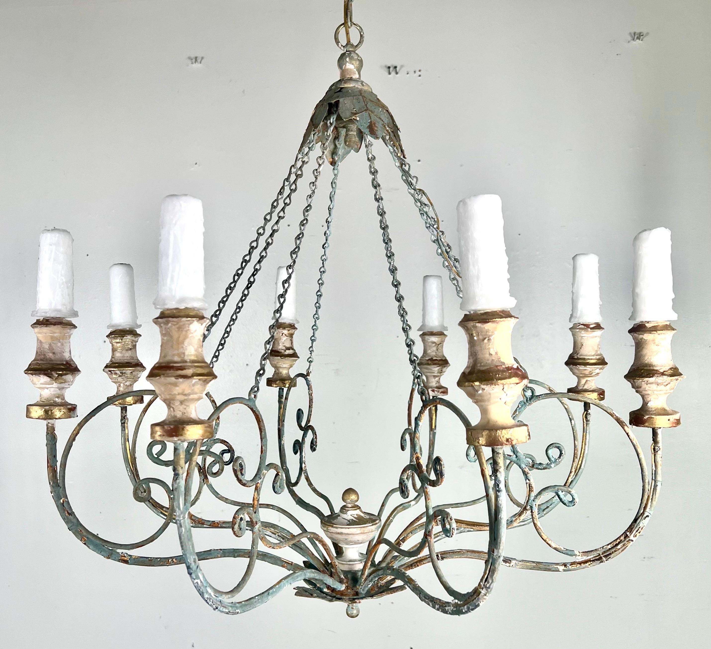 Custom Eight Light Wood and Iron Painted Chandelier by Melissa Levinson ...