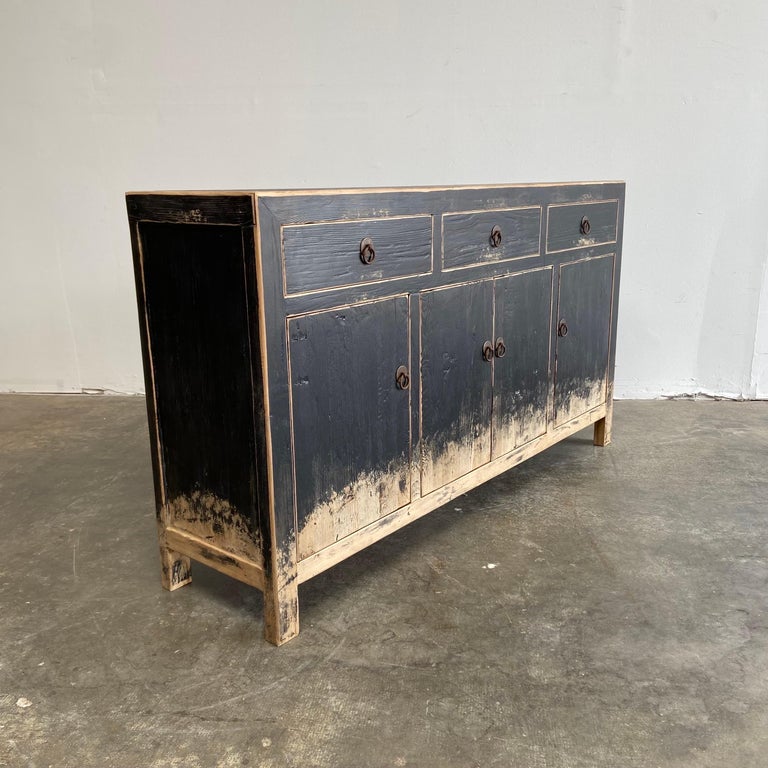 Custom Elm Wood Black Distressed Console Cabinet For Sale at 1stDibs