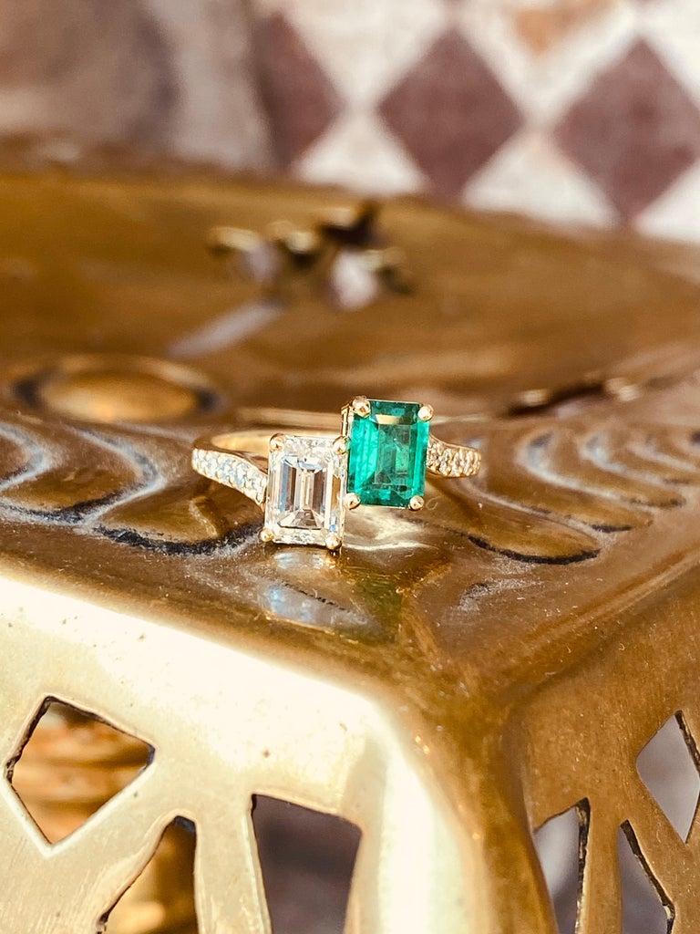 Custom Emerald Cut Diamond and Emerald Gold Ring For Sale at 1stDibs