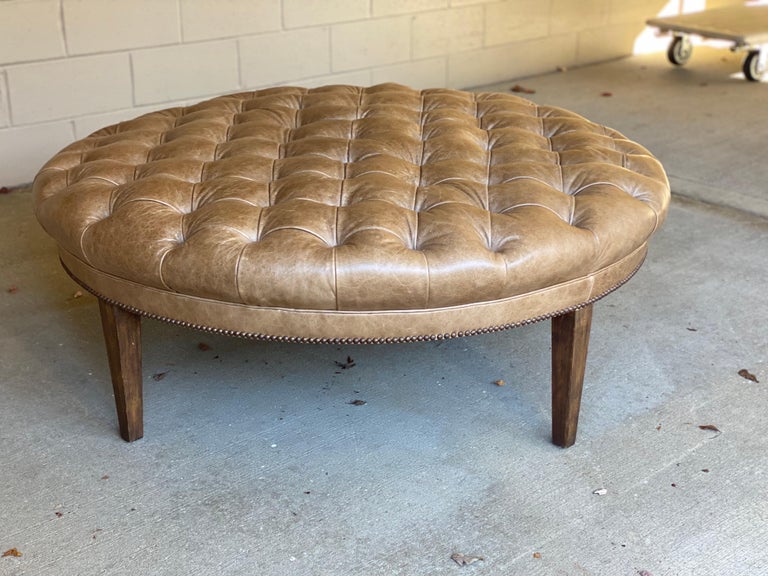 Custom Fabricated Large Round Leather Tufted Ottoman For Sale at 1stDibs