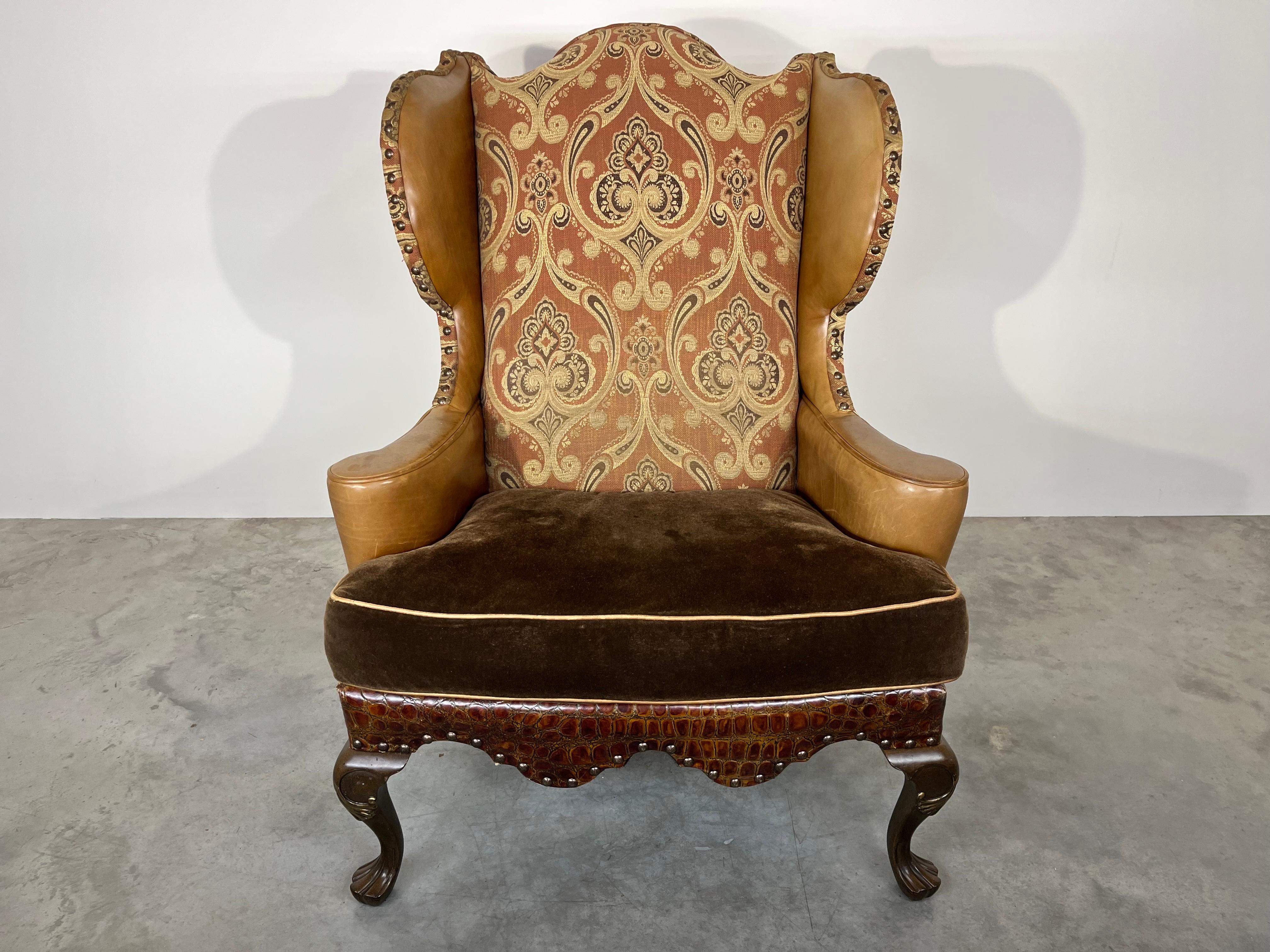 Custom Faux Gator Leather and Mohair Oversized Wingback Chair by ...