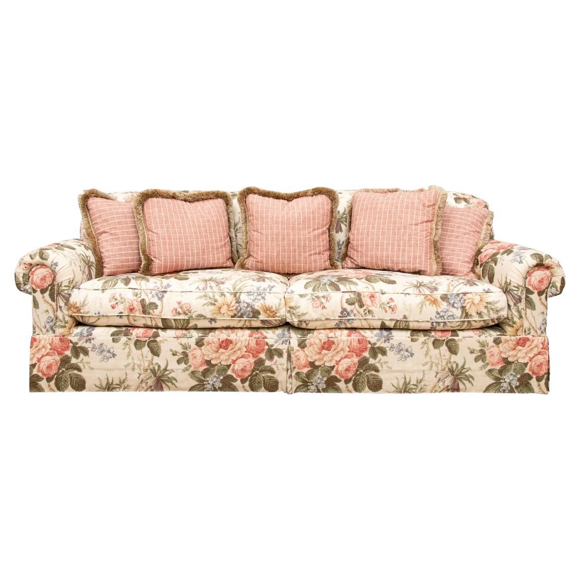 Custom Floral Upholstered Rolled Arm Sofa with Pillows at 1stDibs