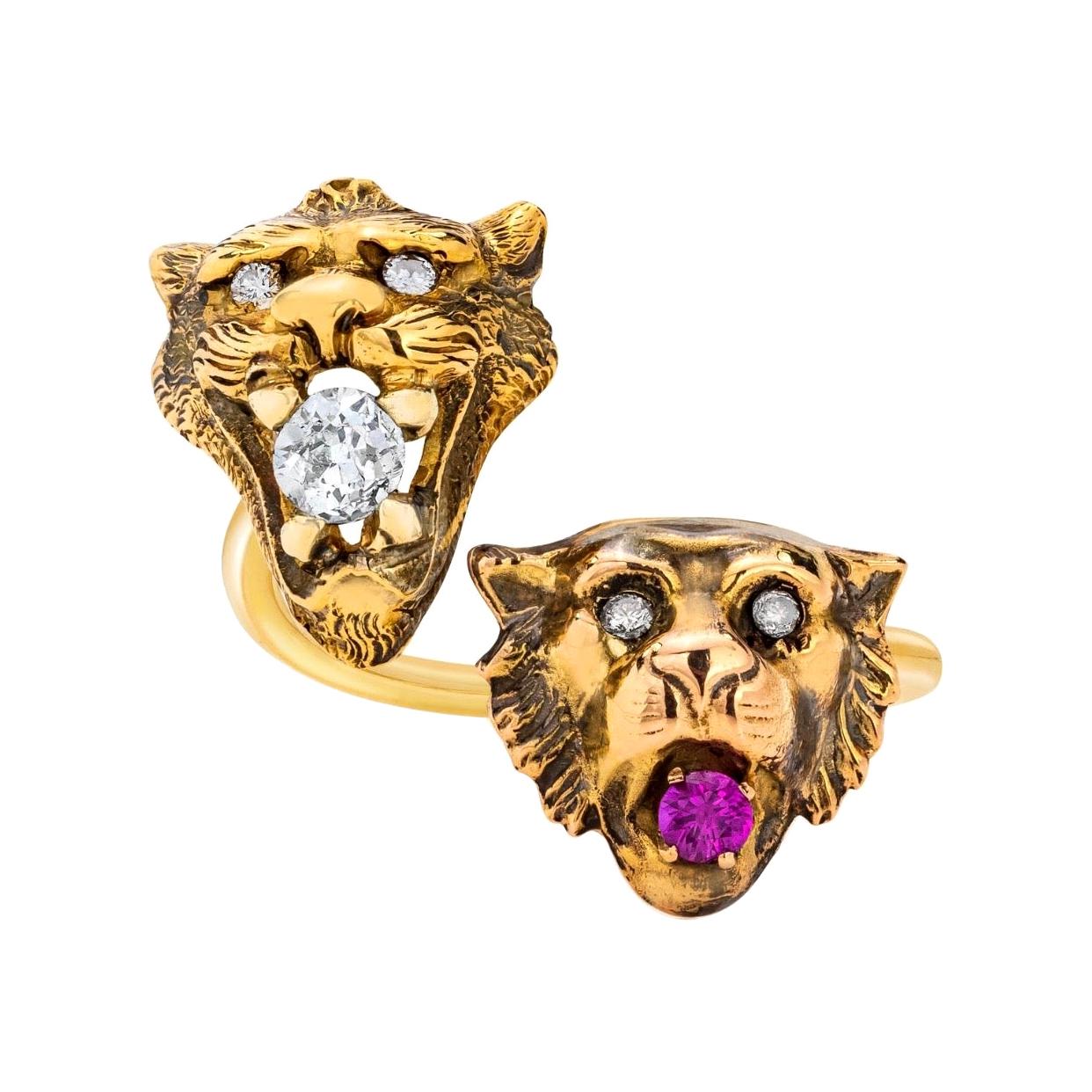 Mindi Mond French Art Nouveau Ruby Diamond Gold Lion Ring For Sale at ...