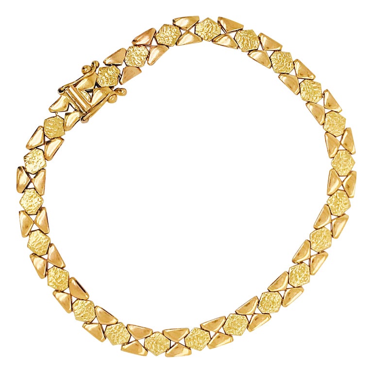 Custom Gold Textured Chain Bracelet, 14 Karat Gold Diamond Shaped Wide ...
