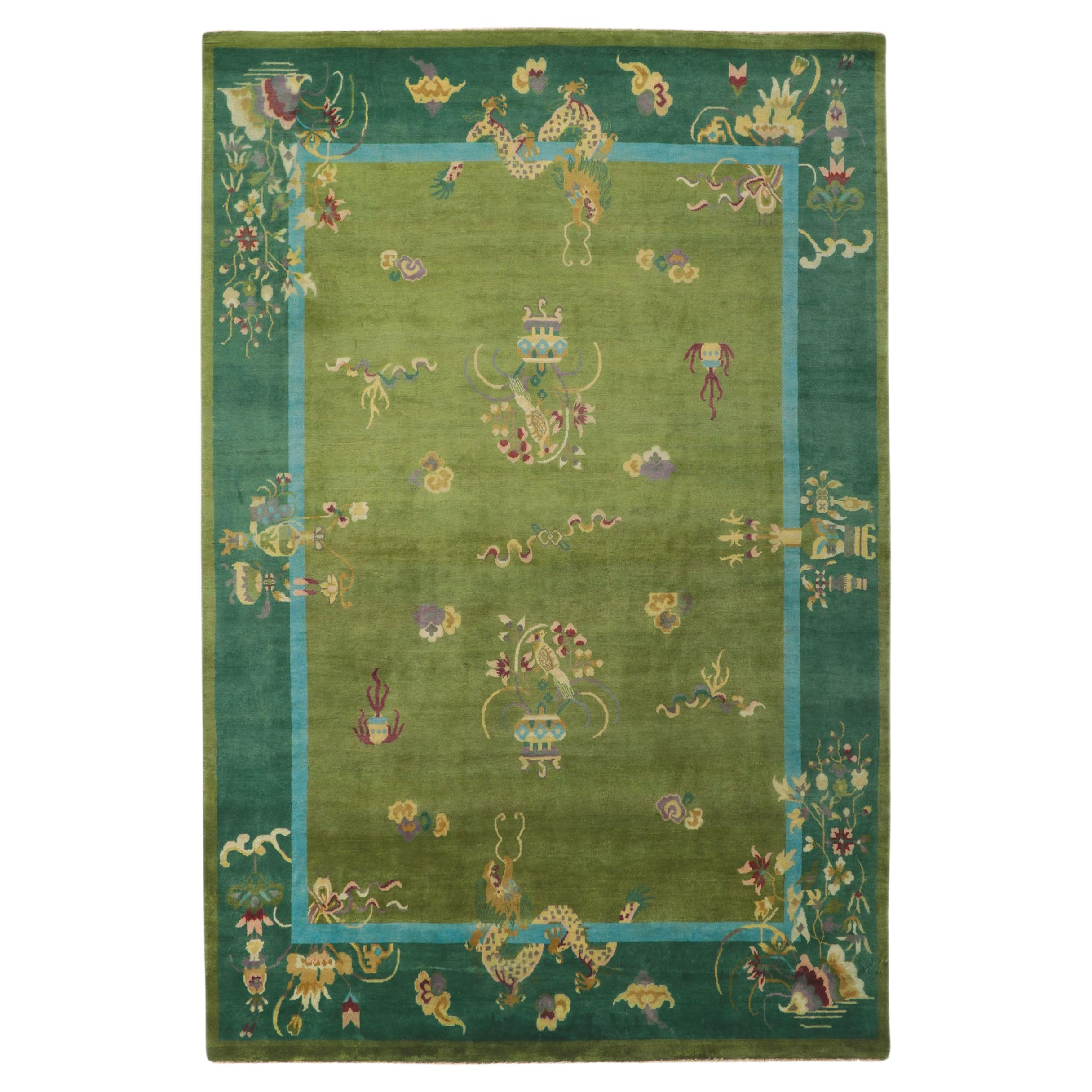 Custom Green Chinese Art Deco Rug with Maximalist Style at 1stDibs
