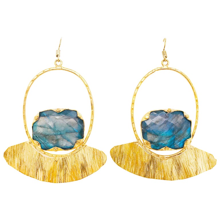 Custom Labradorite Gemstone Gold Earring Dangles with Gold Organic ...