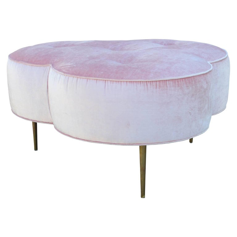 Custom Light Pink Velvet Trefoil Ottoman with Brass Legs at 1stDibs
