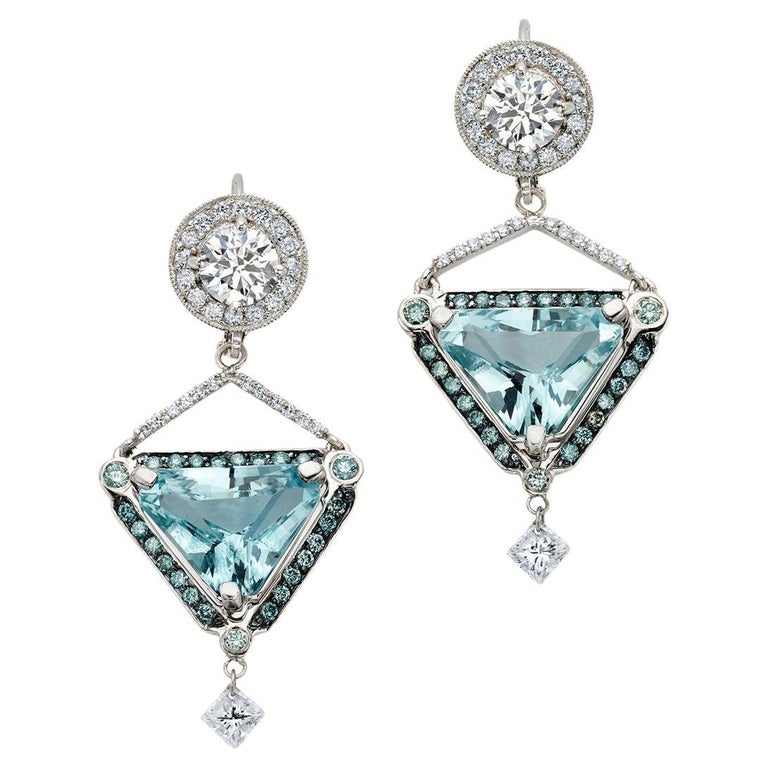 Custom Made Adjustable Diamond and Aquamarine 18k Earrings with ...