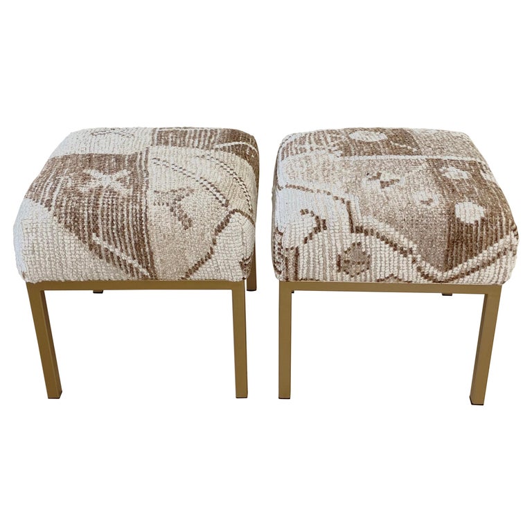 Custom Made Iron Base Ottoman Stools with Vintage Wool Turkish Rug ...