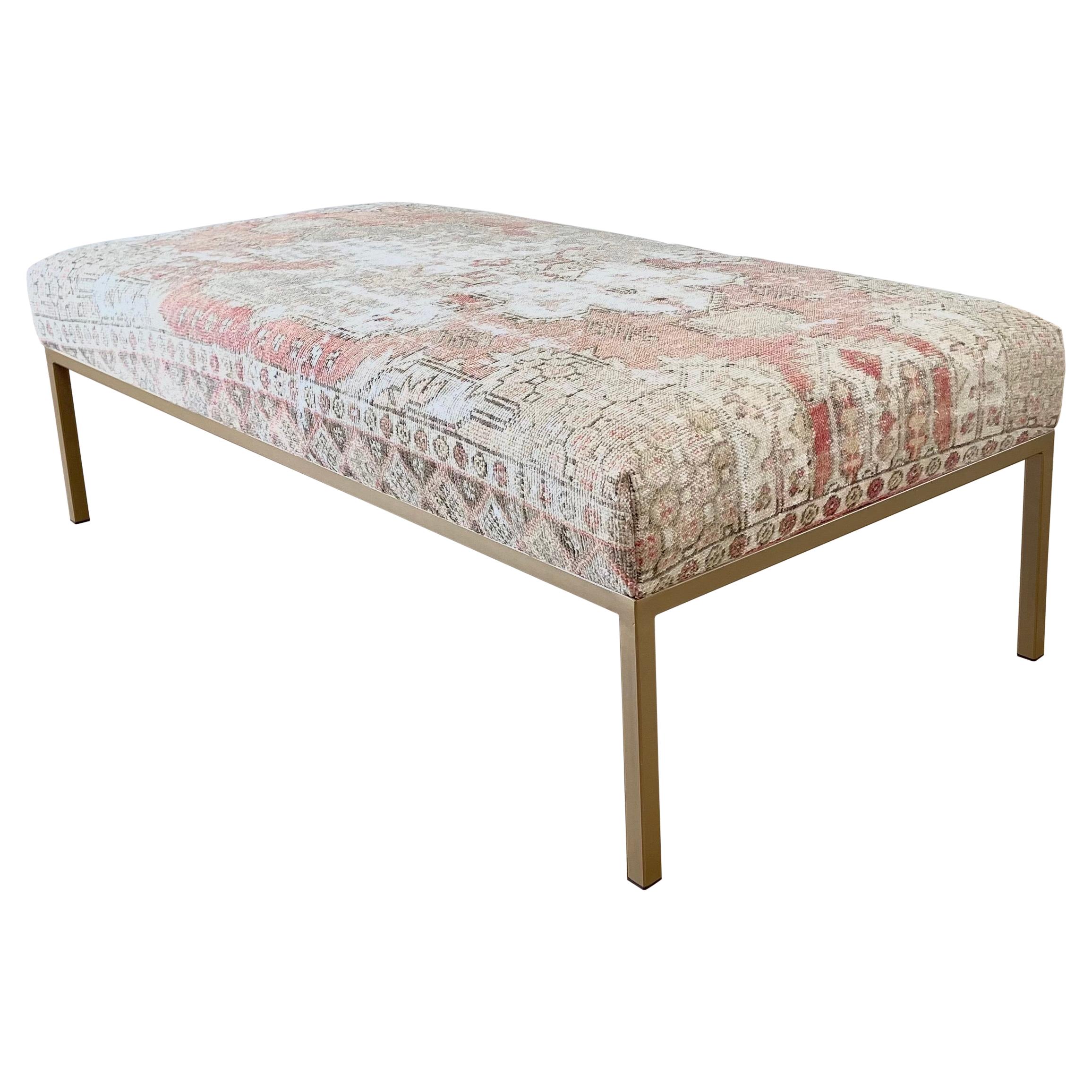 Custom Made Iron Cocktail Ottoman with Vintage Wool Turkish Rug at 1stDibs