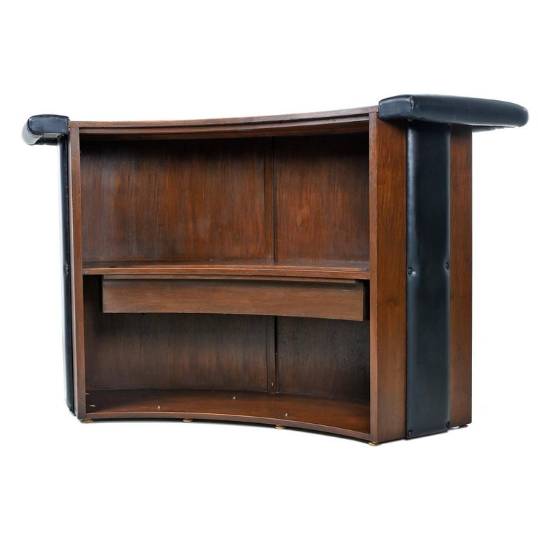 Custom-Made Large Asian Modern Black Tufted Vinyl Bar with Carved Wood ...