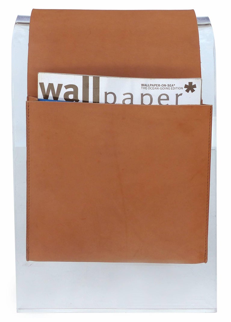 Custom Made Lucite Side Table with Leather Magazine Pocket For Sale at ...