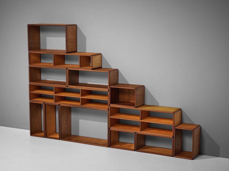 Custom-Made Modular Wall Unit in Teak, Mahogany and Brass at 1stDibs