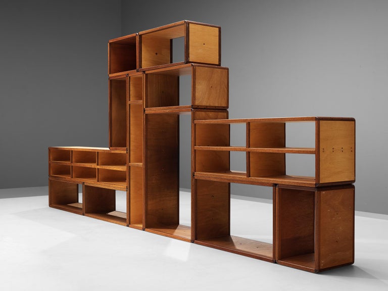 Custom-Made Modular Wall Unit in Teak, Mahogany and Brass at 1stDibs