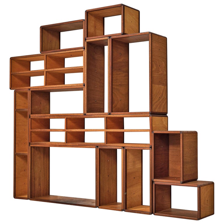 Custom-Made Modular Wall Unit in Teak, Mahogany and Brass at 1stDibs