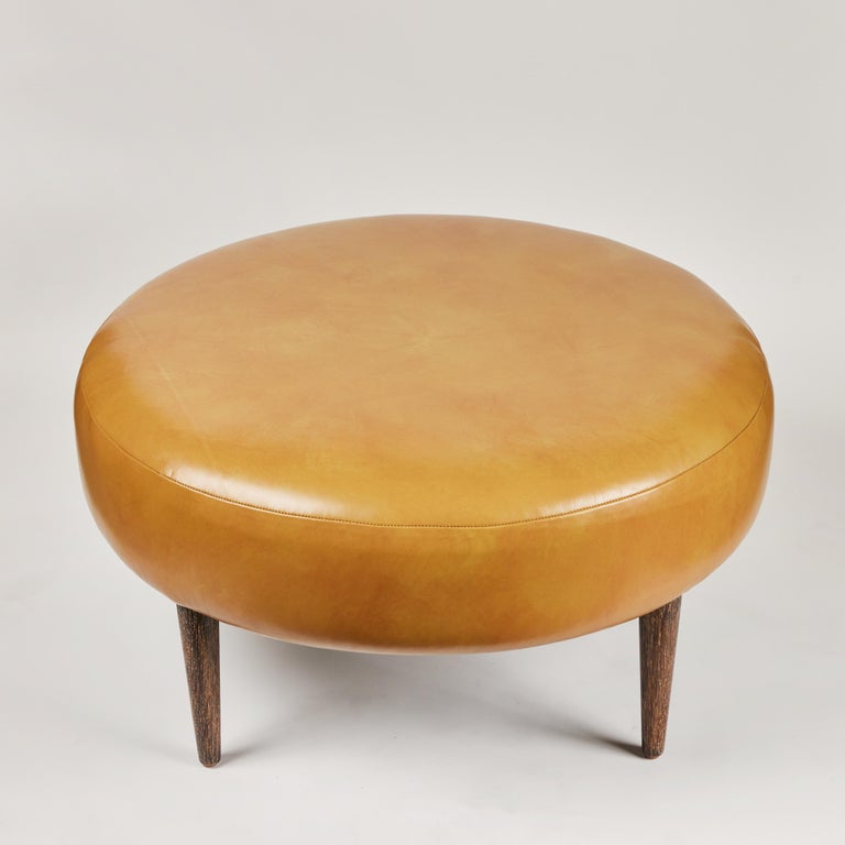 Custom Made Round Ottoman Newly Upholstered in Mustard Leather For Sale ...