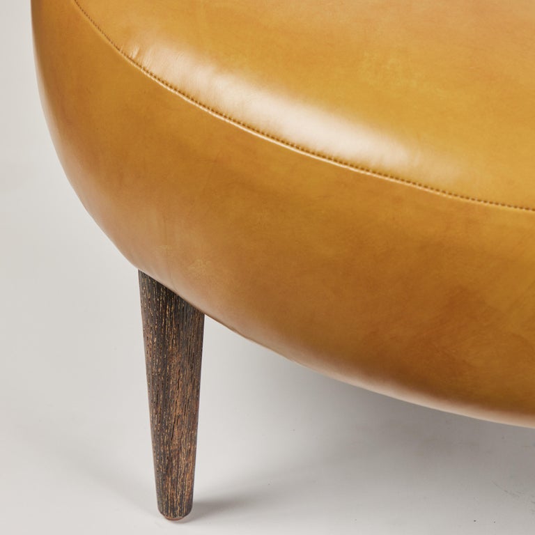 Custom Made Round Ottoman Newly Upholstered in Mustard Leather For Sale ...
