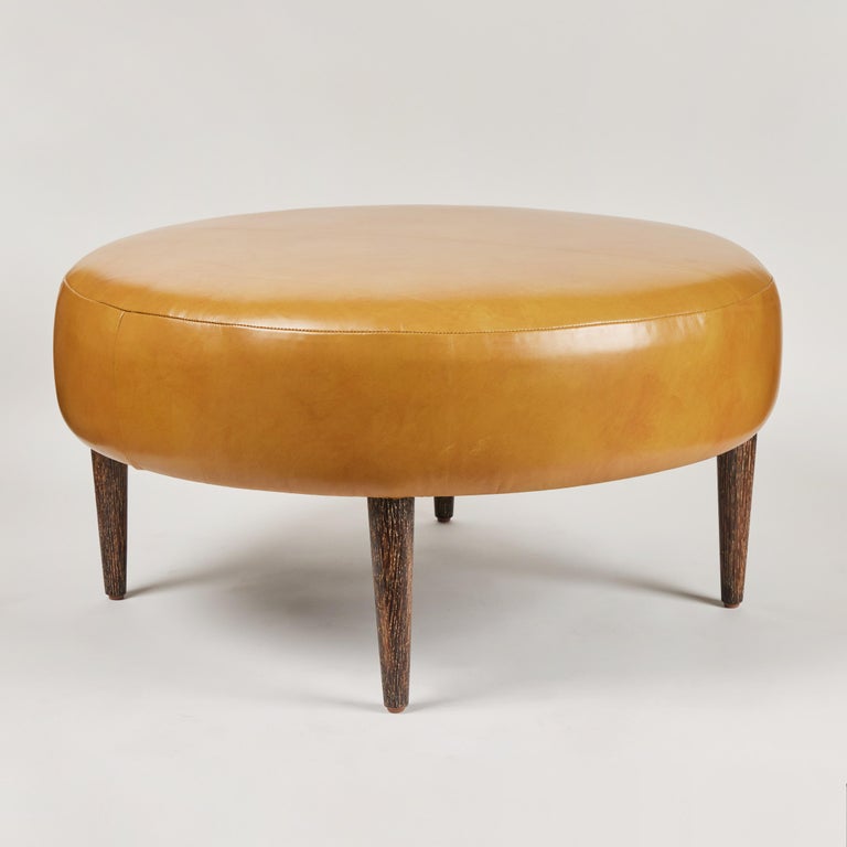Custom Made Round Ottoman Newly Upholstered in Mustard Leather For Sale ...
