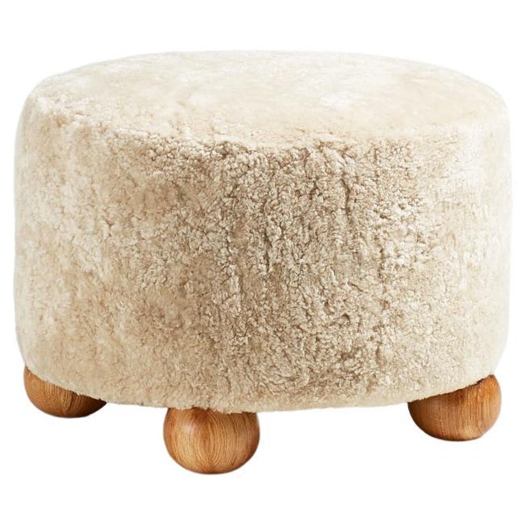 Custom Made Round Sheepskin Ottoman with Oak Ball Feet For Sale at 1stDibs