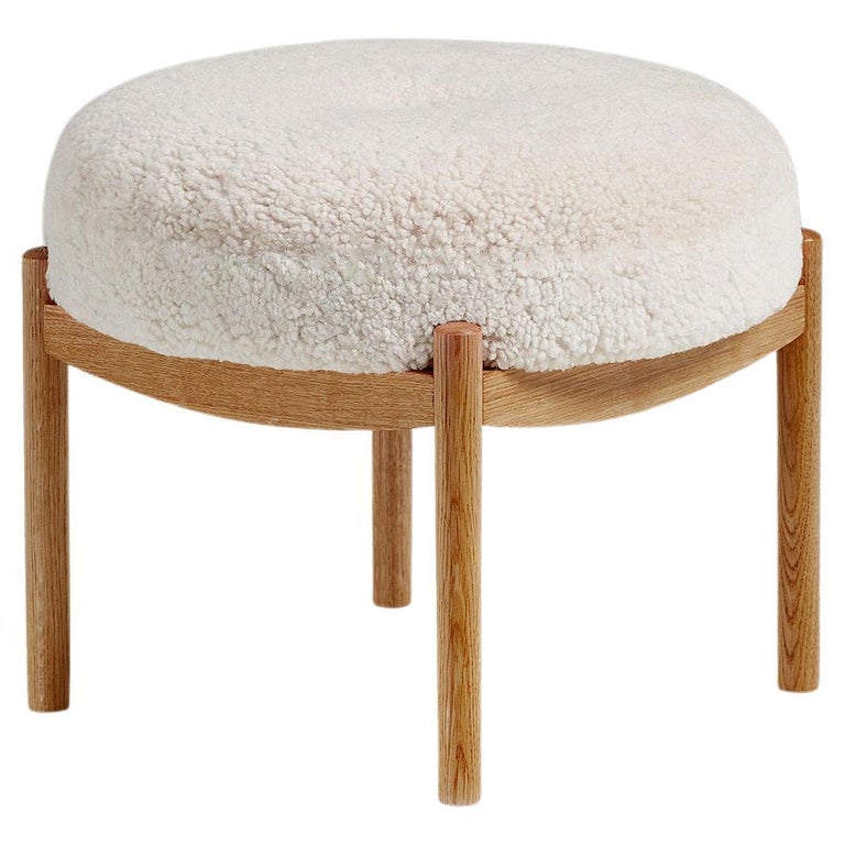 Custom Made Sheepskin Covered Oak Ottoman For Sale at 1stDibs