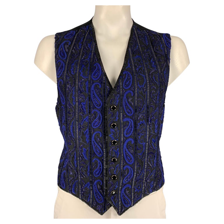 CUSTOM MADE Size M Black and Blue Beaded Buttoned Vest at 1stDibs