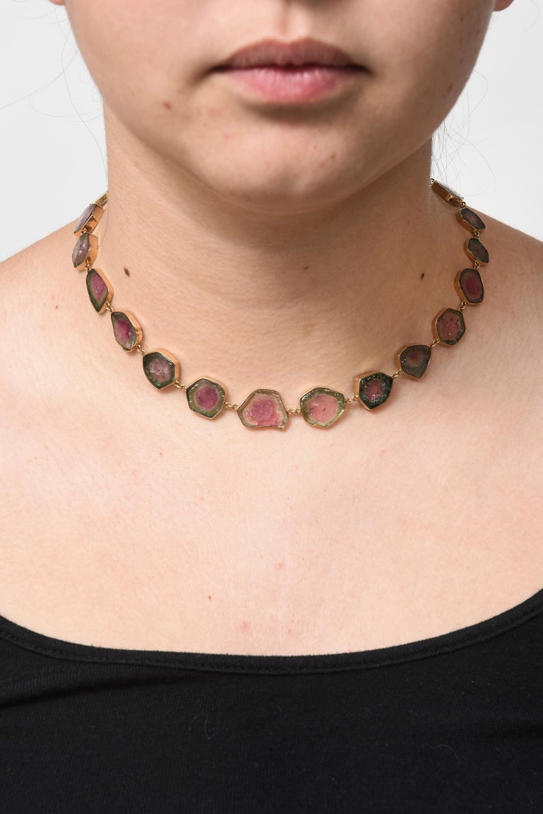 Custom Made Watermelon Tourmaline Gold Necklace For Sale at 1stDibs
