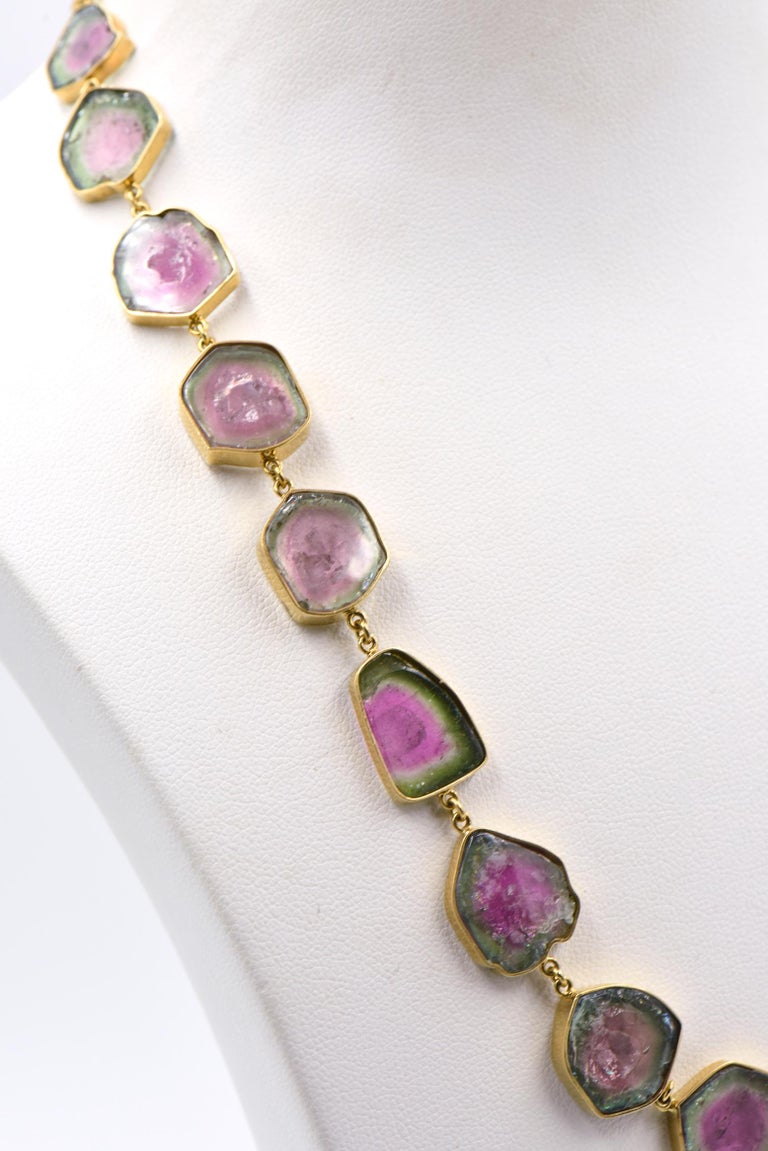 Custom Made Watermelon Tourmaline Gold Necklace For Sale at 1stDibs