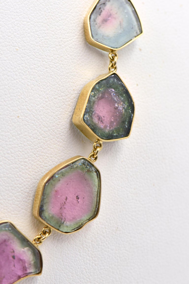 Custom Made Watermelon Tourmaline Gold Necklace For Sale at 1stDibs