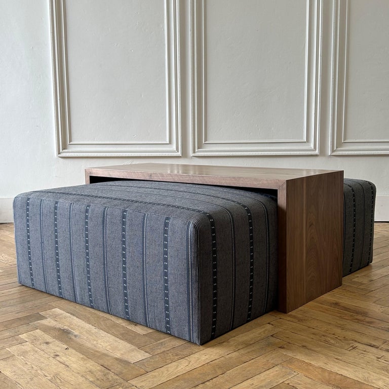 Custom Made Wool and Jute Cube Ottoman with Walnut Waterfall Style ...