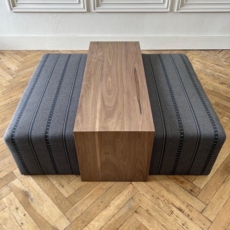 Custom Made Wool and Jute Cube Ottoman with Walnut Waterfall Style ...