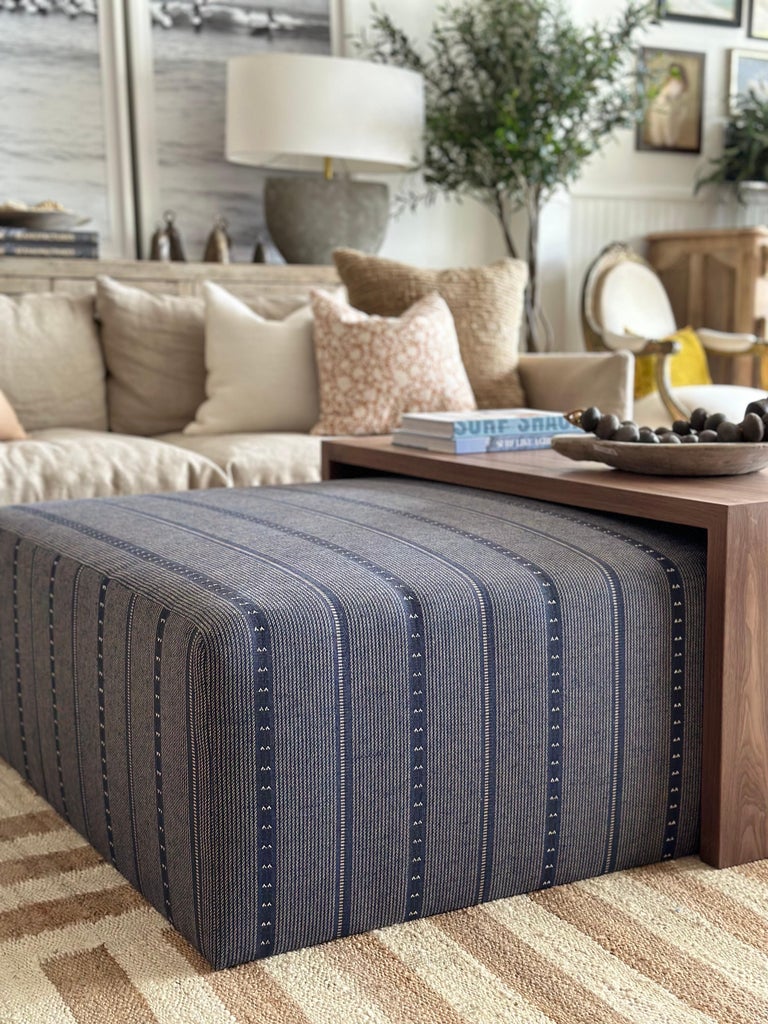 Custom Made Wool and Jute Cube Ottoman with Walnut Waterfall Style ...