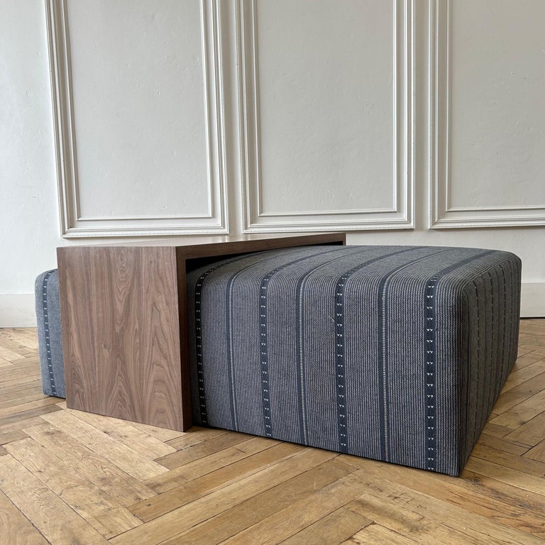 Custom Made Wool and Jute Cube Ottoman with Walnut Waterfall Style ...