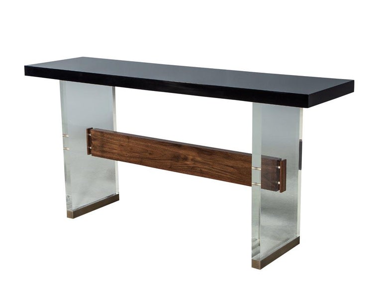 Custom Modern Acrylic Black Lacquer and Walnut Console by Carrocel For ...
