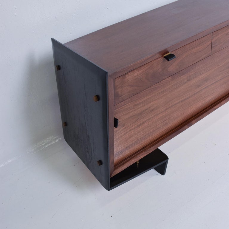 Custom Modern Cut Walnut Floating Credenza Bronze and Leather Pablo ...