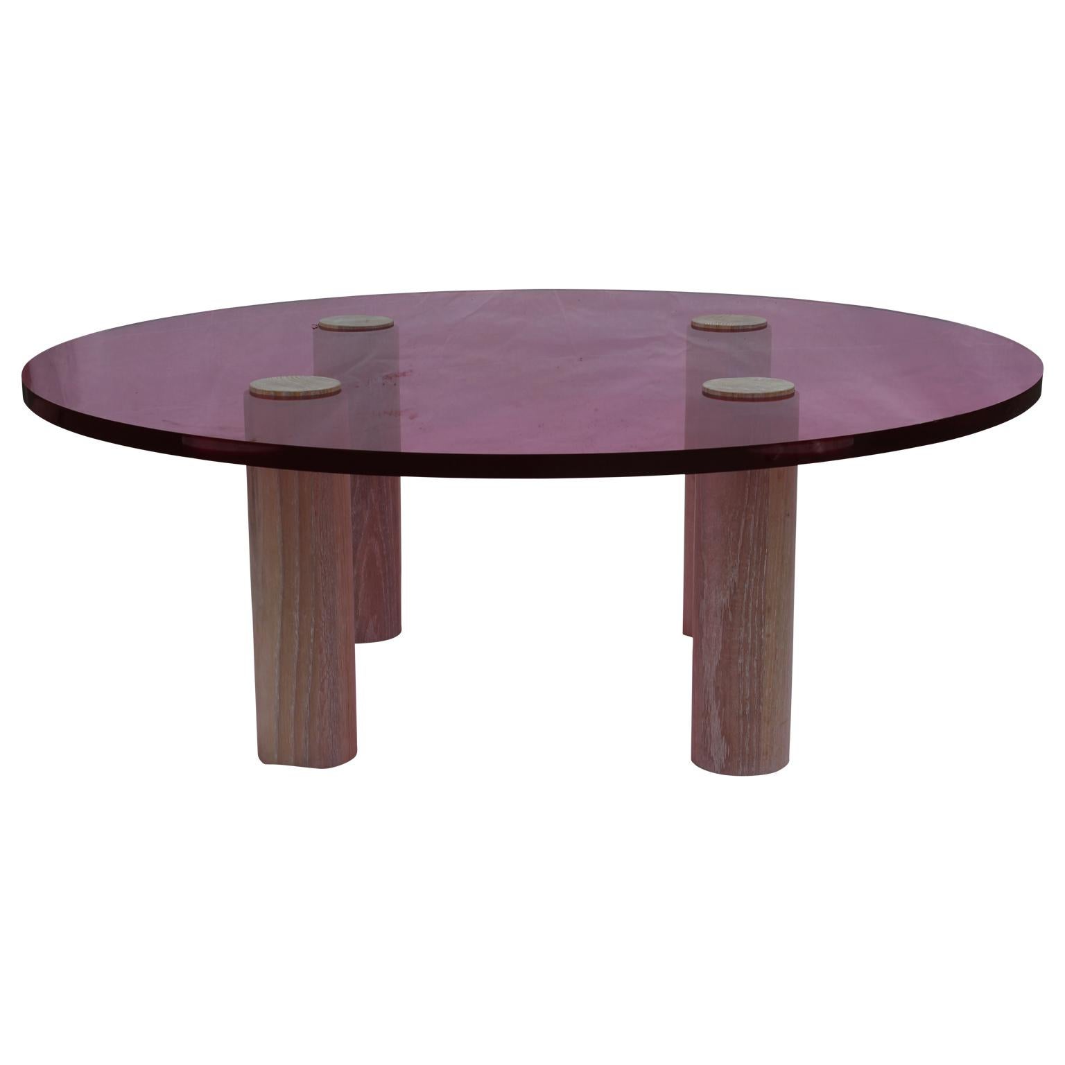 Custom Modern Pop Pink Lucite Round Coffee Table With White Oak Legs at ...