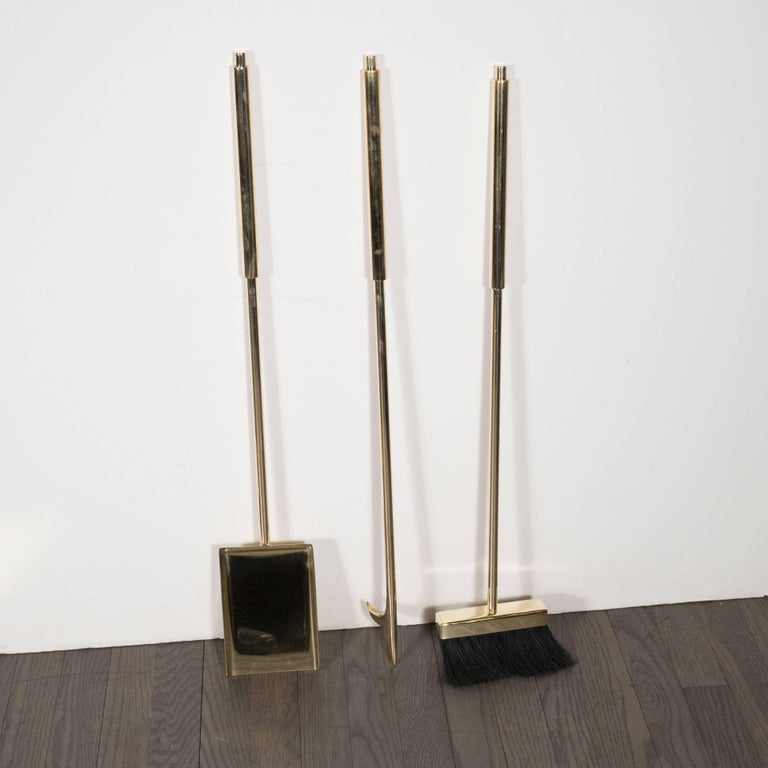 Custom Modernist Three-Piece Brass Fire Tools Set For Sale at 1stDibs