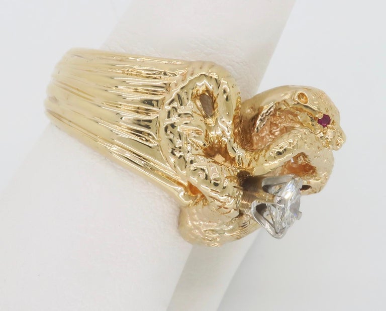 Custom Mongoose and Snake Ring Made with a Diamond and Rubies For Sale ...