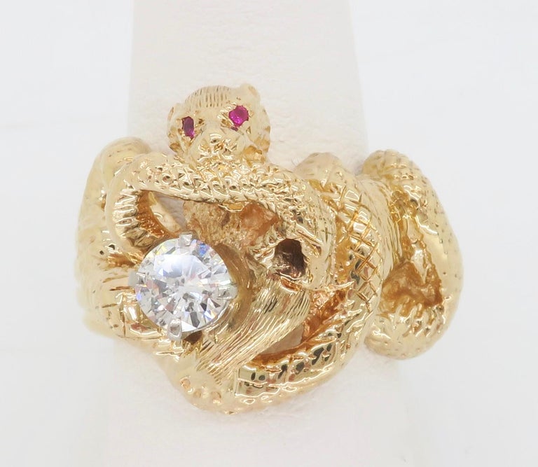 Custom Mongoose and Snake Ring Made with a Diamond and Rubies For Sale ...
